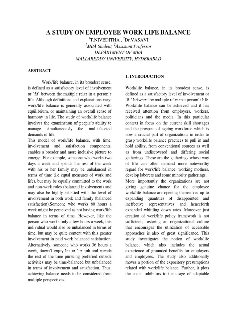 A Study On Employee Work Life Balance | PDF | Self-Improvement