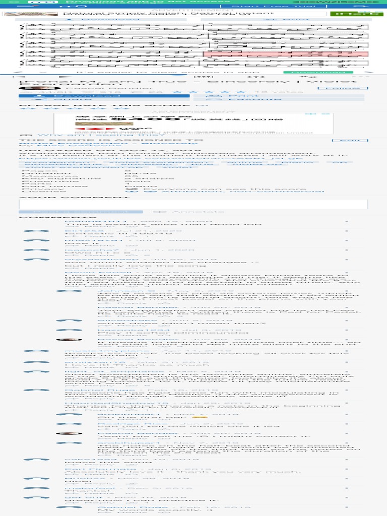 (Fonzi M. Arr.) True - Sincerely Violet Evergarden Sheet Music For ...