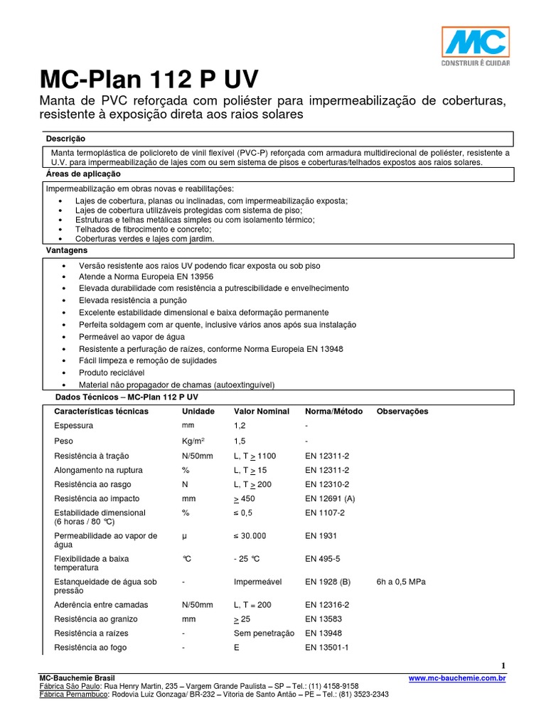 Ficha Técnica MC-Plan 112 P UV | PDF | Cloreto de polivinila (PVC) | Parafuso