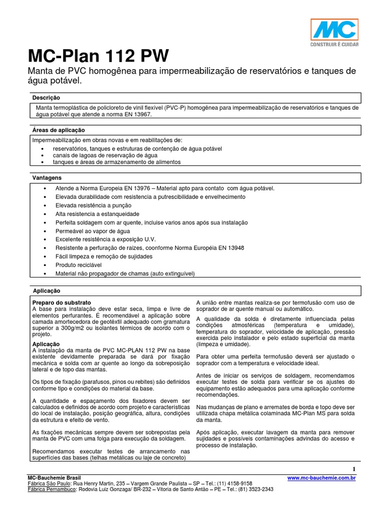 Ficha Técnica MC-Plan 112 PW | Download grátis PDF | Cloreto de polivinila (PVC) | Materiais
