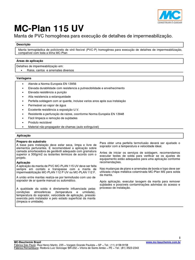 Ficha Técnica MC-Plan 115 UV | PDF | Cloreto de polivinila (PVC) | Embalagem e rotulagem