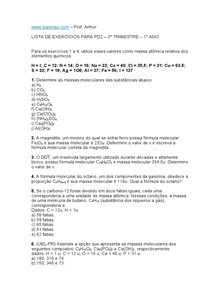 Lista de Exercícios - PD2 - 3° Trimestre 1° Ano | PDF | Mol (unidade) | Química Física