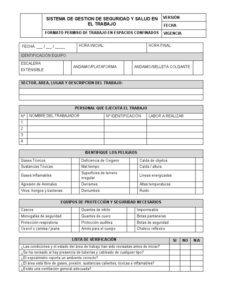 FORMATO PERMISO DE TRABAJO EN ESPACIOS CONFINADOS | PDF