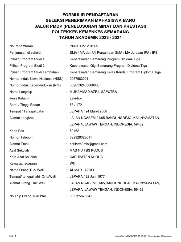 Kartu Seleksi Penerimaan Mahasiswa Baru Jalur PMDP PMDP1151201365 | PDF