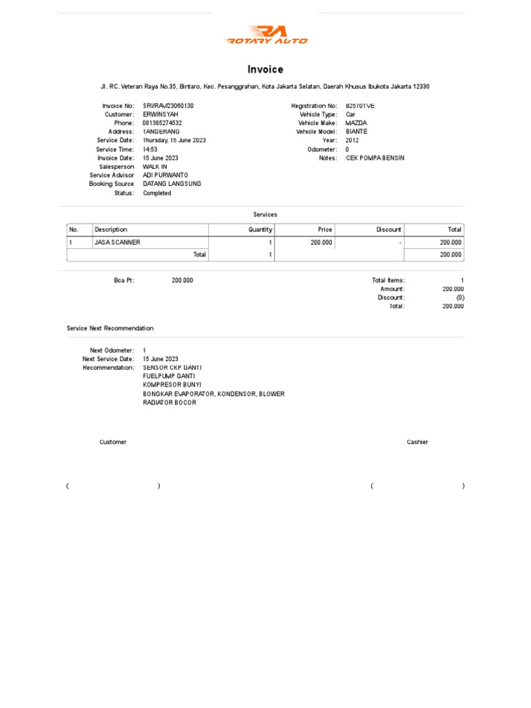 Invoice for Mazda Biante Service | PDF
