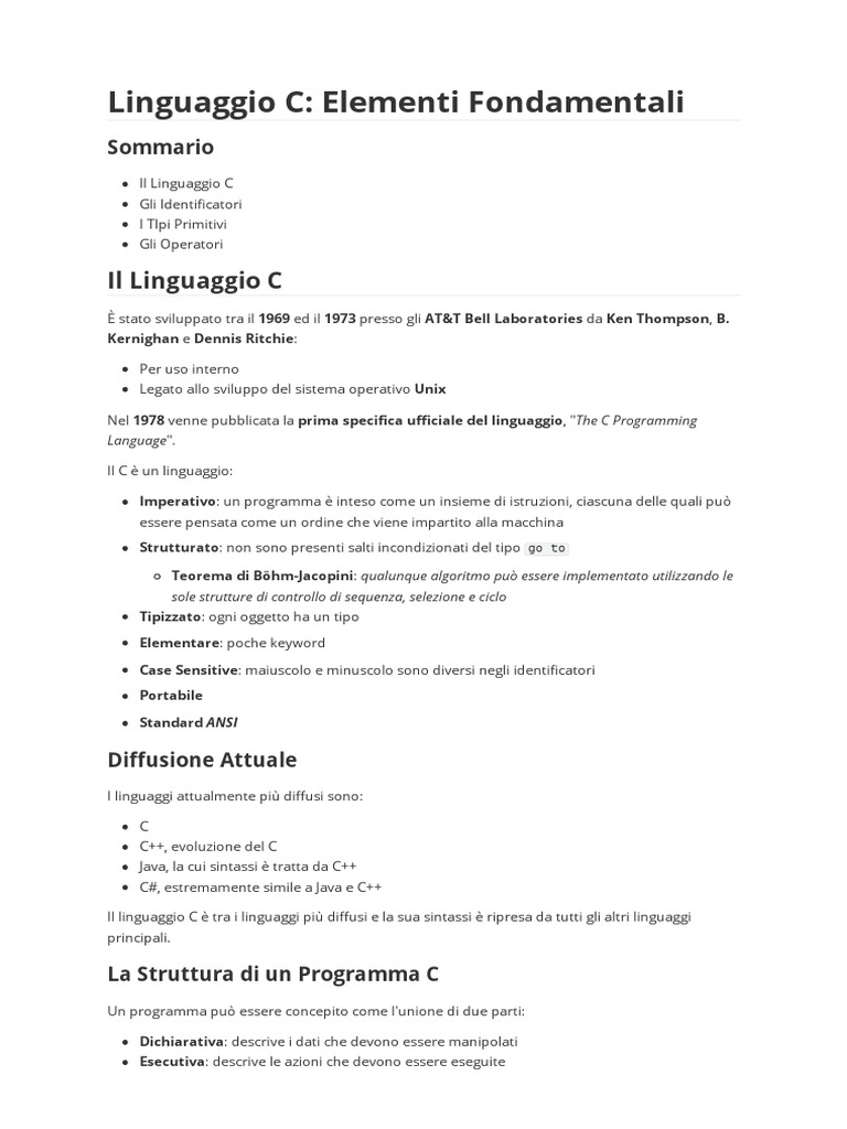 Elementi Fondamentali Linguaggio C | PDF