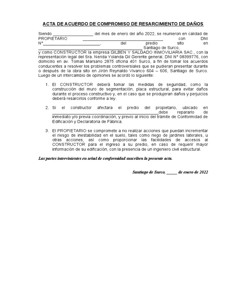 Acuerdo de Resarcimiento de Daños Constructivos | PDF | Finanzas y ...