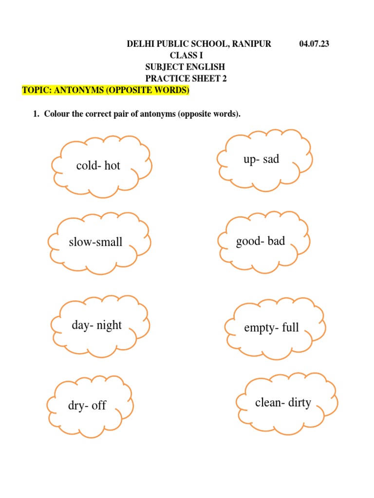 Antonyms Practice Sheet 2 | PDF
