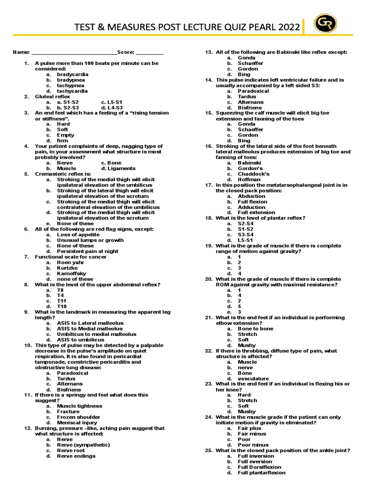 PEARL Test and Measures Post | PDF | Anatomical Terms Of Motion | Toe