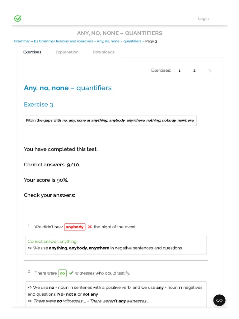 Quantifiers: Any, No, None Guide | PDF | Noun | Verb