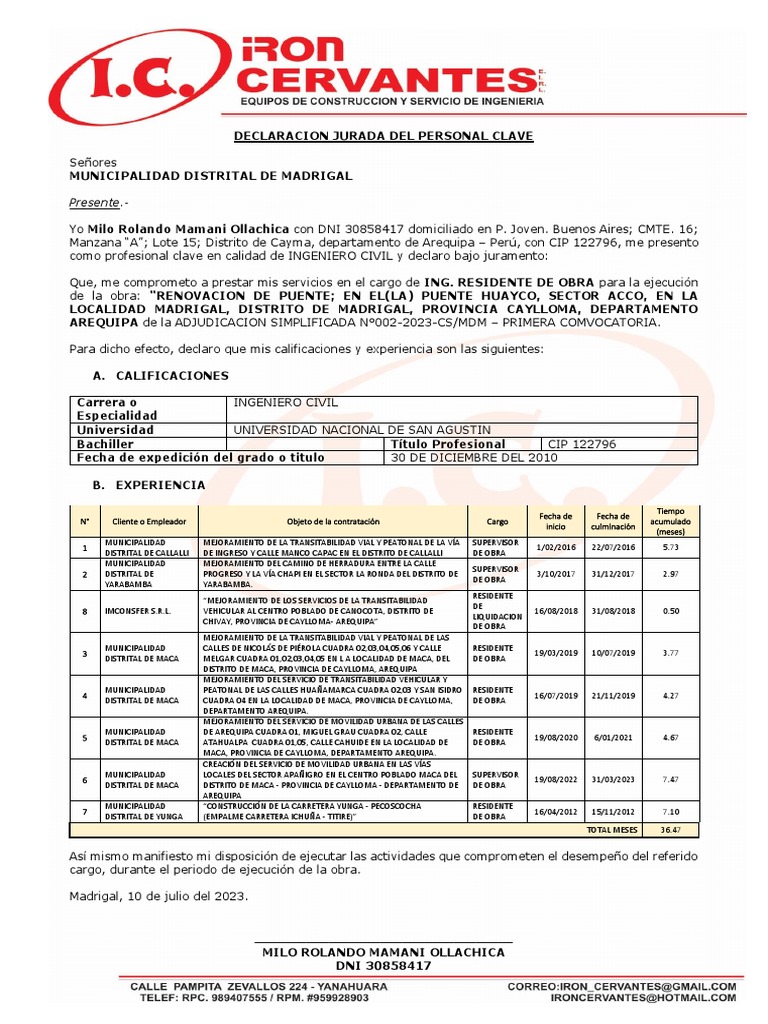 7.1-Declaracion Jurada - Ing - Residente de Obra - Ing. Rolando | PDF