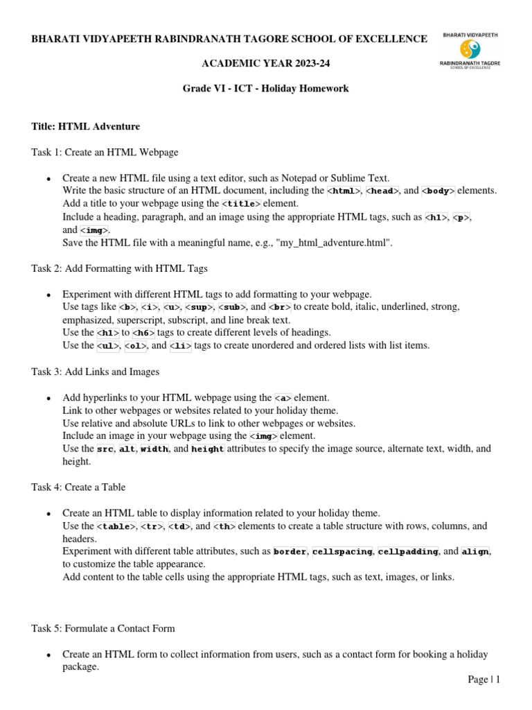 Grade VI HTML Holiday Homework | PDF | Html Element | Html