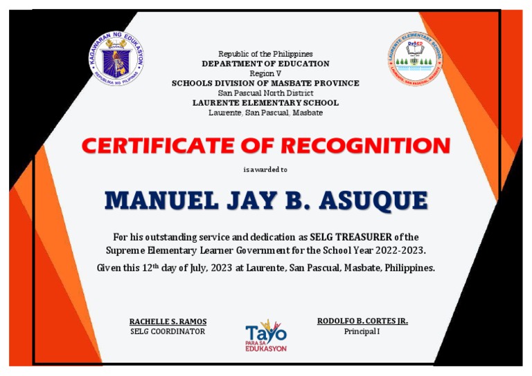 Certificate of Recognition Selg Officer TRESURER | PDF