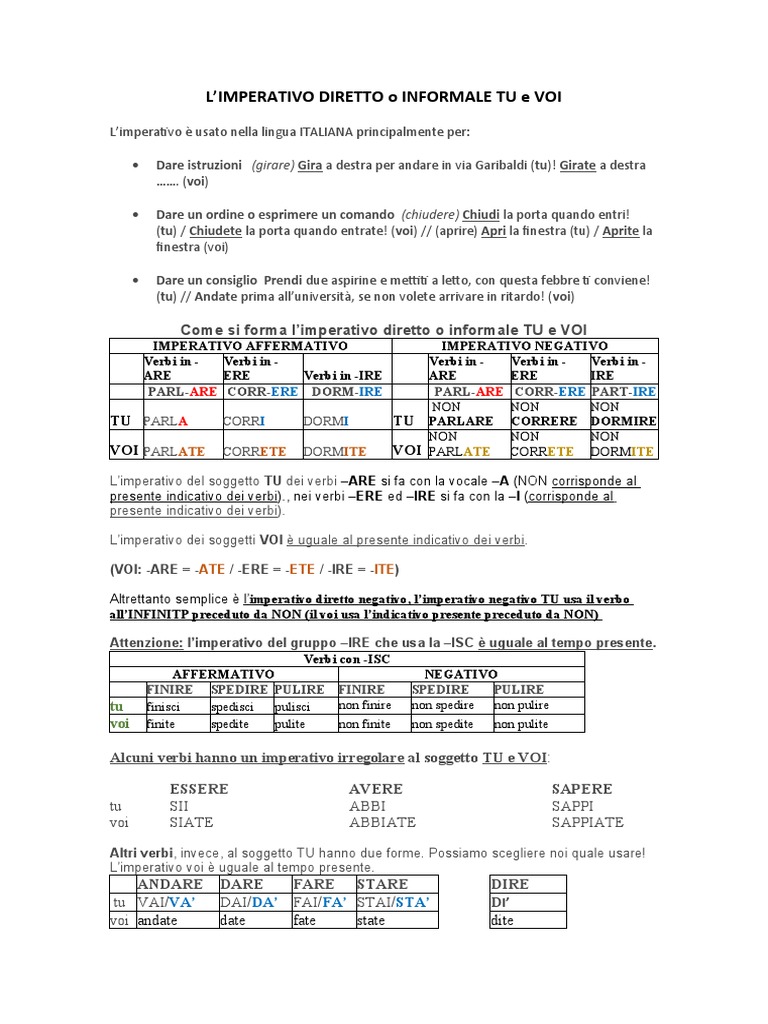 Imperativo Diretto - Coniugazione - Esercizi | PDF