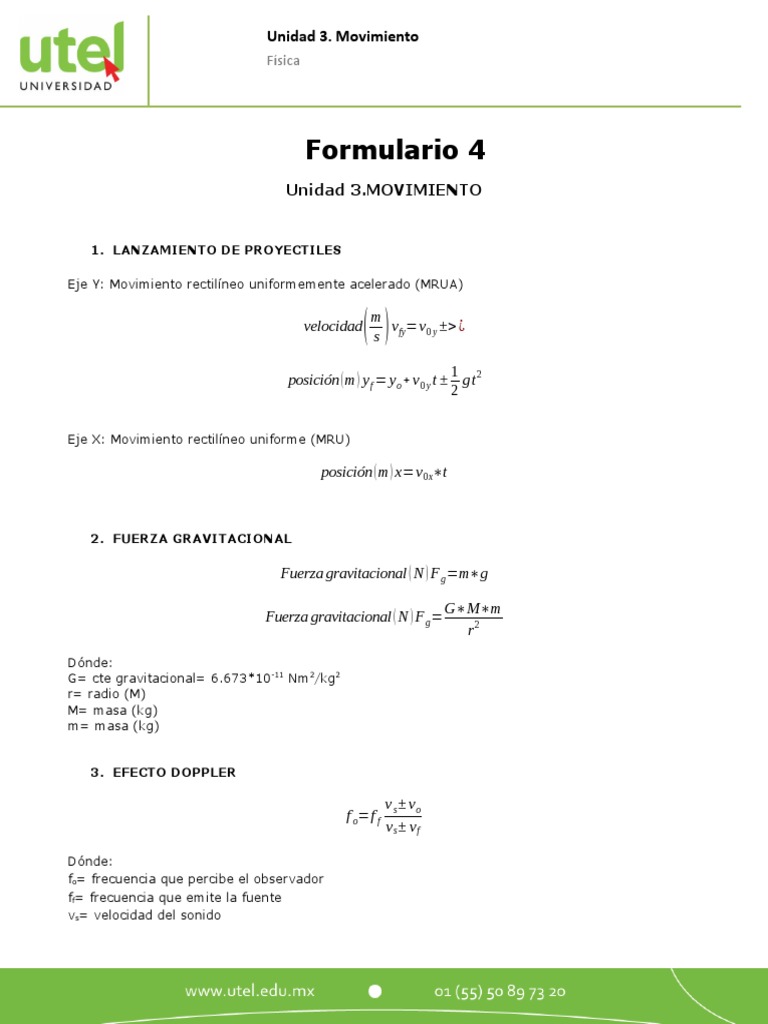 Física. Unidad 3. Movimiento. Formulario Semana 4 | PDF | Ciencia y matemáticas