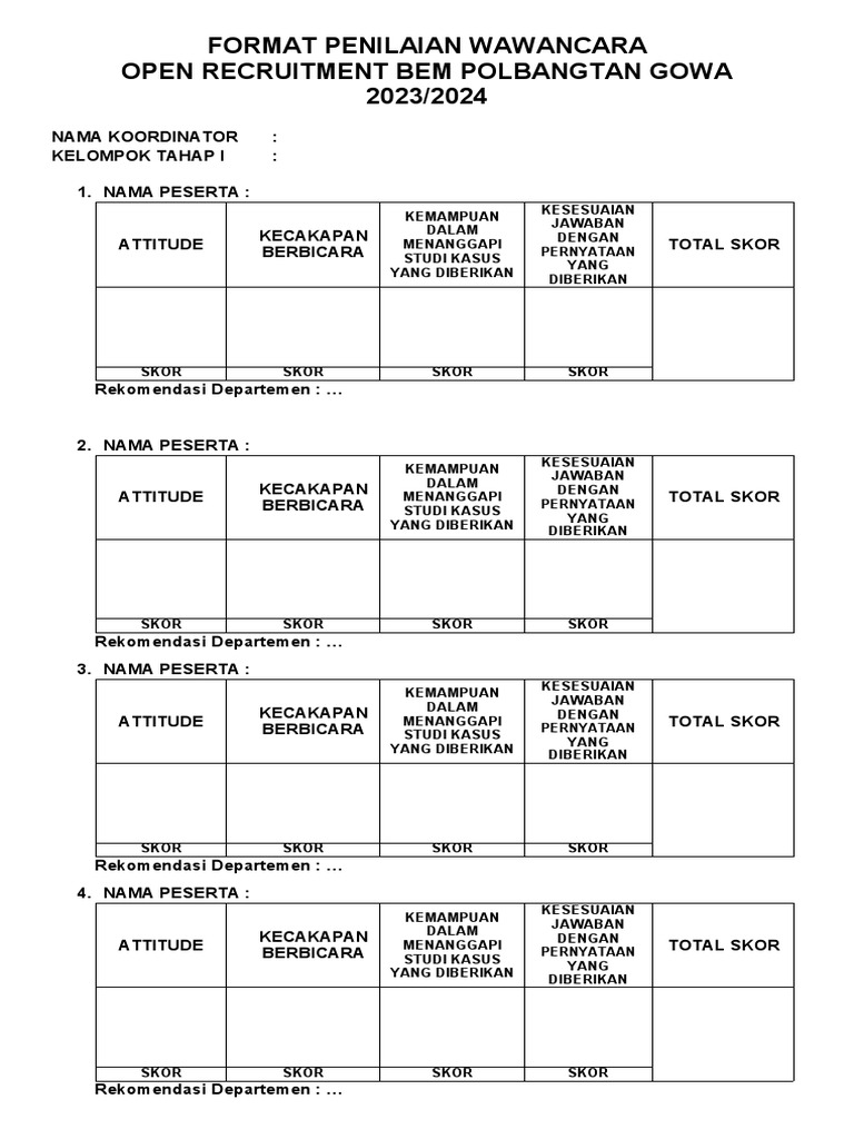 Format Penilaian Wawancara BEM 2023 | PDF