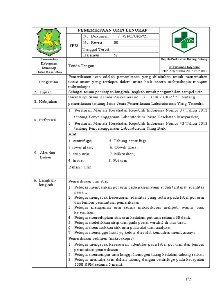 Sop Pemeriksaan Urin Lengkap | PDF | Sains & Matematika