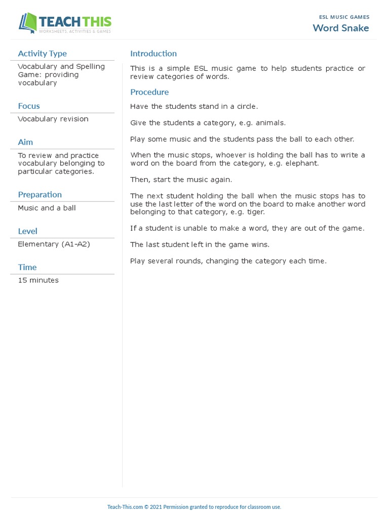 Word Snake: ESL Vocabulary Game | PDF