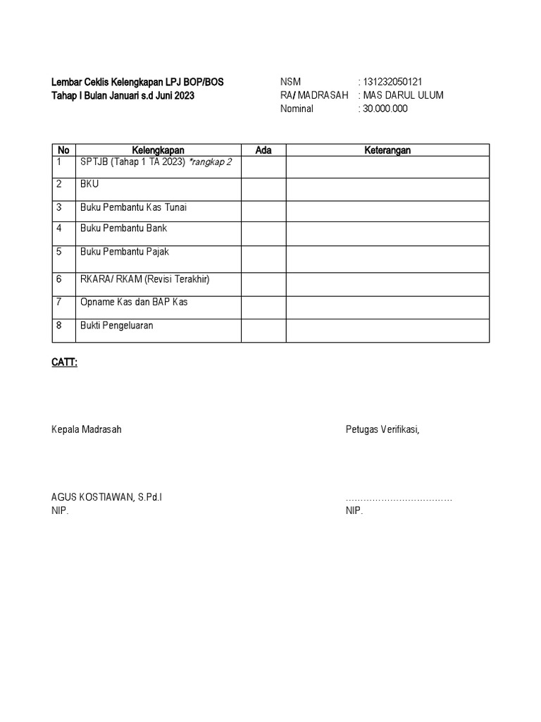 Lembar Ceklis - BOPBOS2023 | PDF
