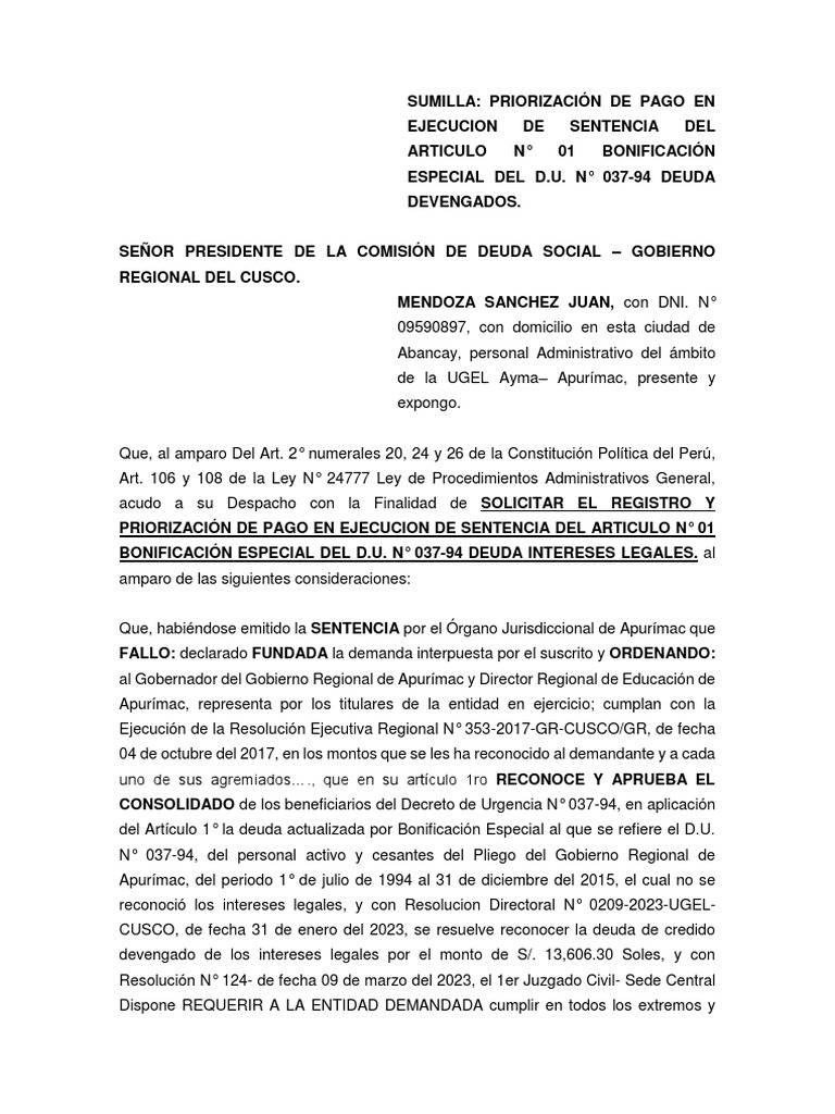 Priorización de Pago en Ejecucion de Sentencia Del Articulo #01 Bonificación Especial Del D.U ...