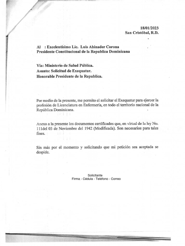 Modelo de Carta Solicitud Exequátur | PDF