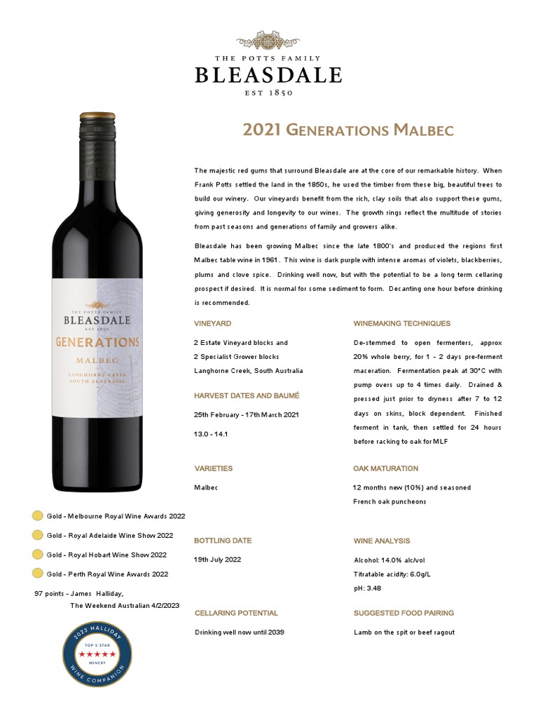 Bleasdale Generations Malbec 2021 | PDF | Wine | Fermentation In Winemaking