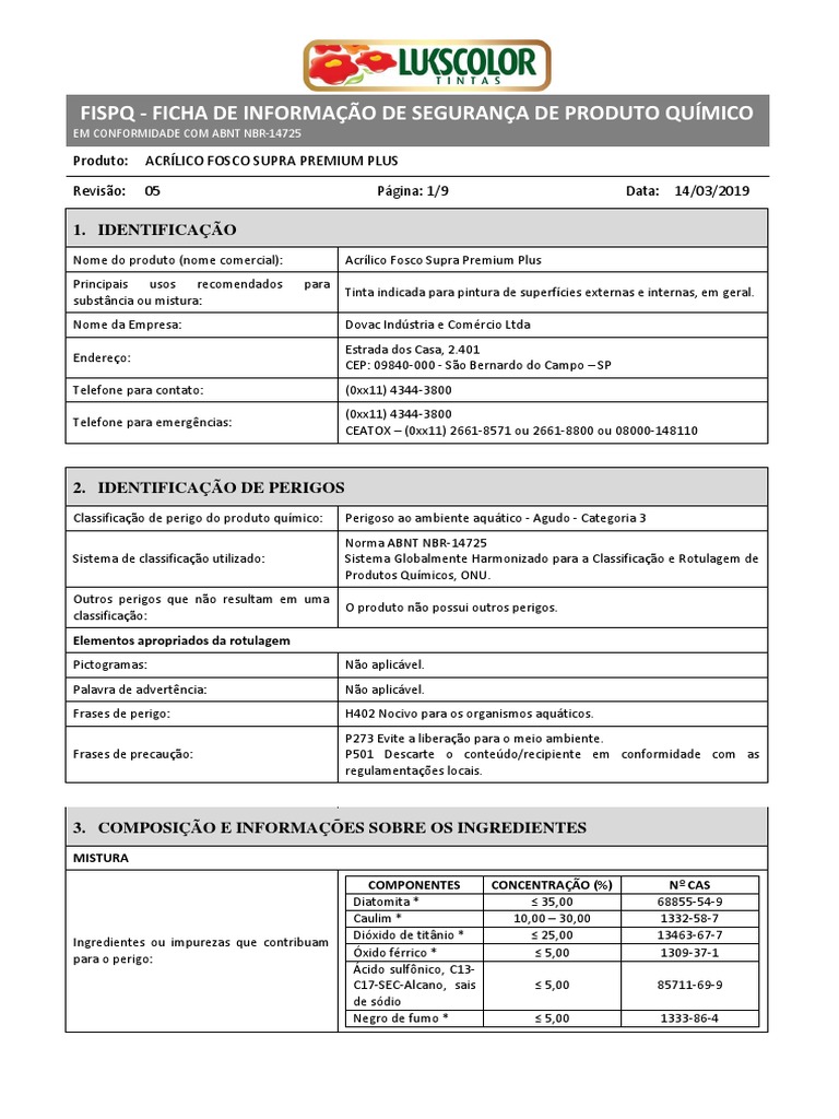 Fispq - Acrilico Premium Plus Fosco Supra | PDF | Química | Embalagem e ...