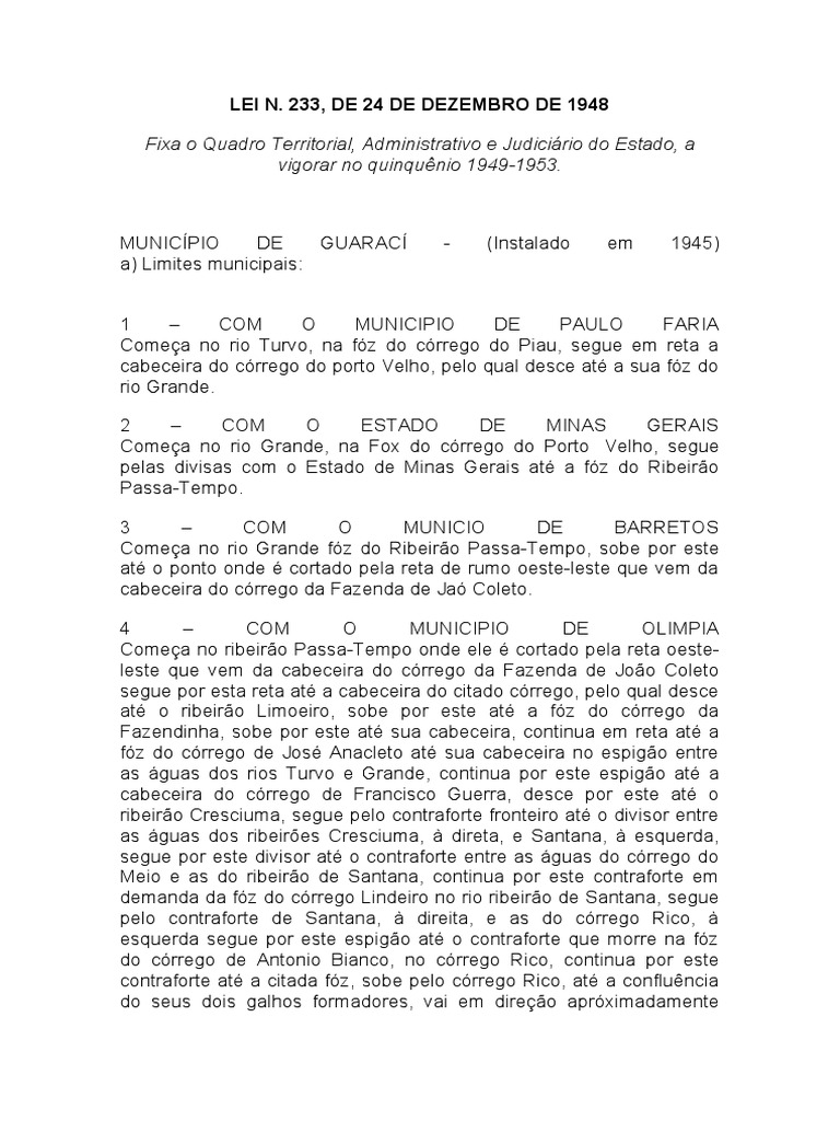 Lei N. 233, de 24 de Dezembro de 1948 | PDF | Acidentes geográficos ...