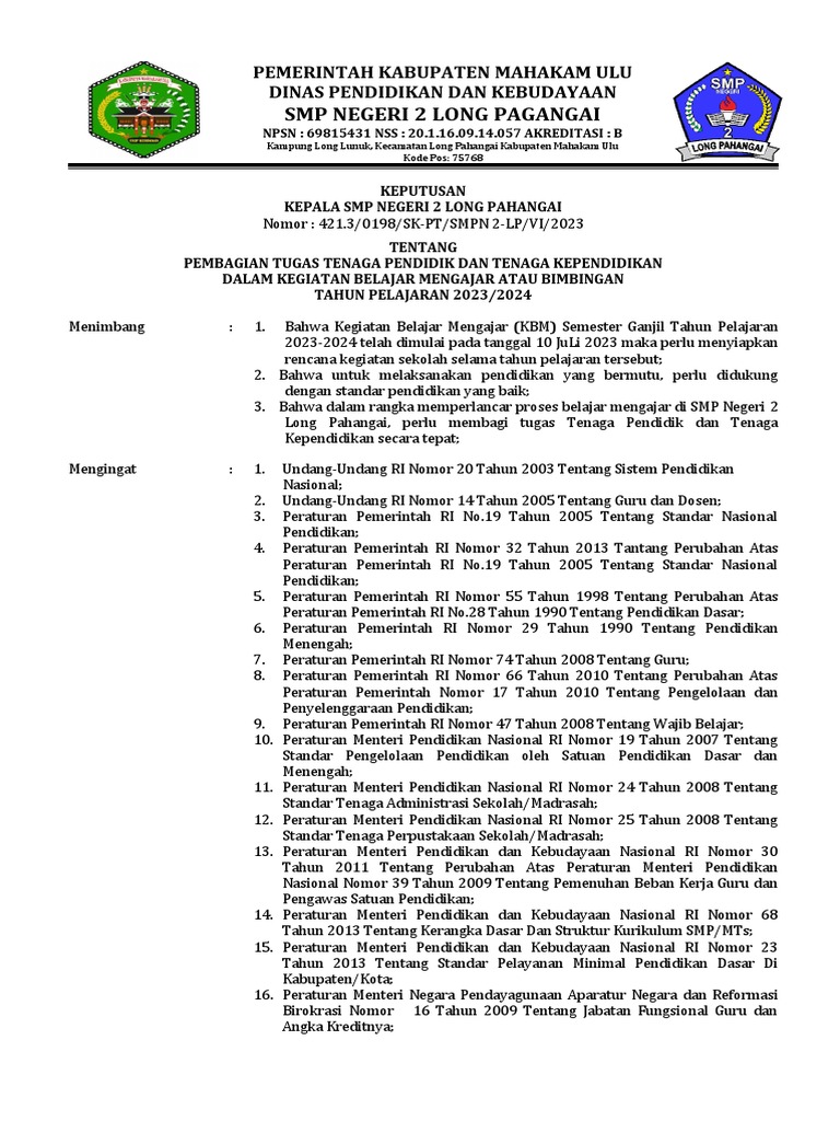 SK Pembagian Tugas Guru 2022-2023 REVISI | PDF