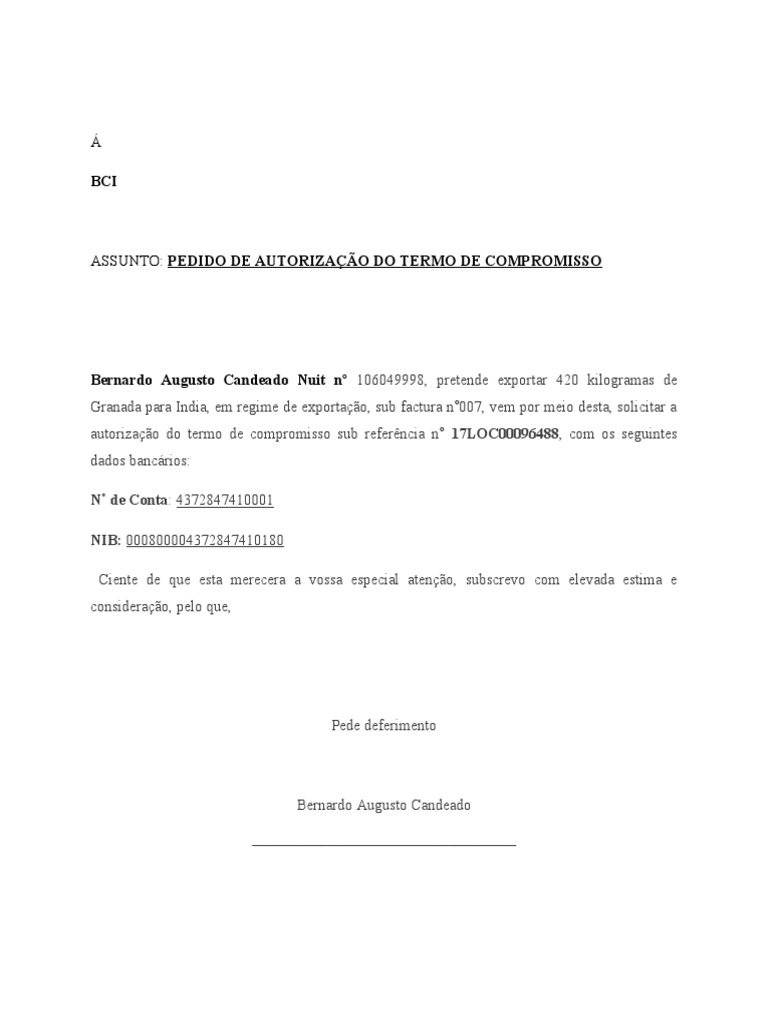 Carta para Aprovacao de Termo de Compromisso (Banco) | PDF Carta para Aprovacao de Termo de Compromisso (Banco) | PDF