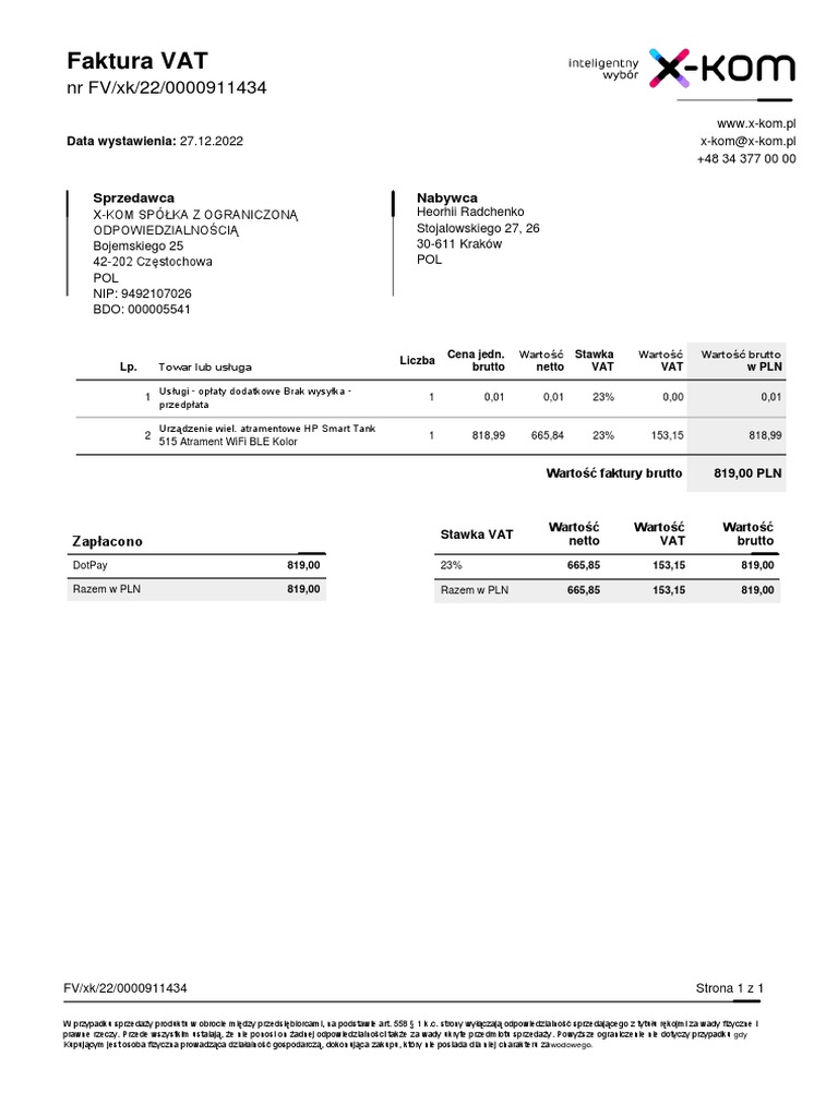 Faktura VAT: NR FV/xk/22/0000911434 | PDF
