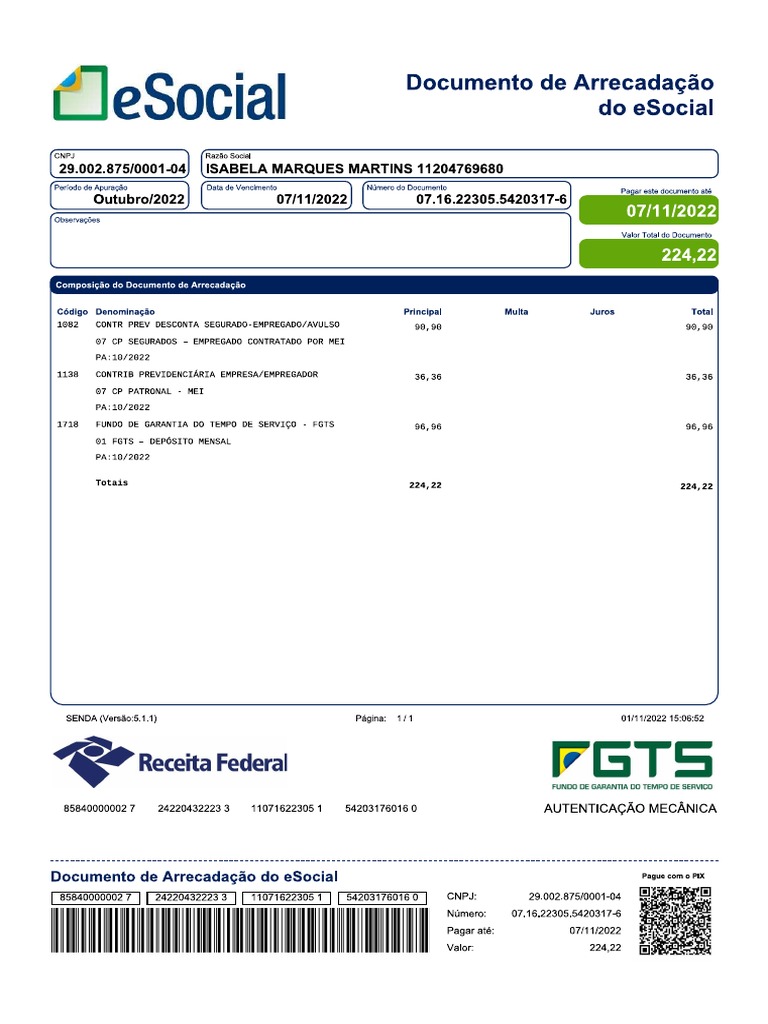 Guia de Inss e Fgts Bianca MEI Isabela 1022 | PDF