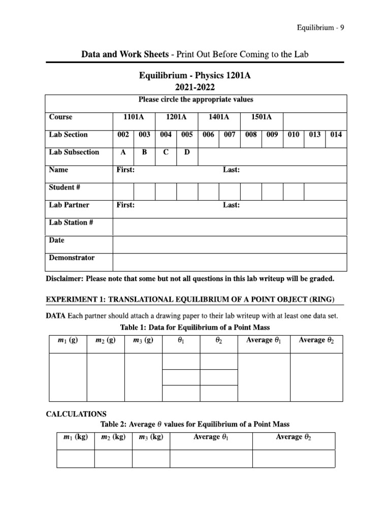 Equilibrium Lab Worksheet | PDF