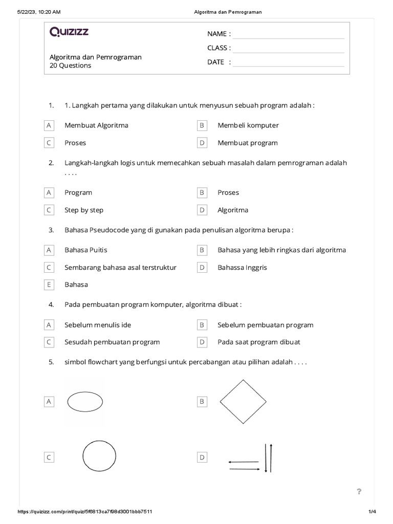 Kuis Algoritma dan Pemrograman 20 Soal | PDF