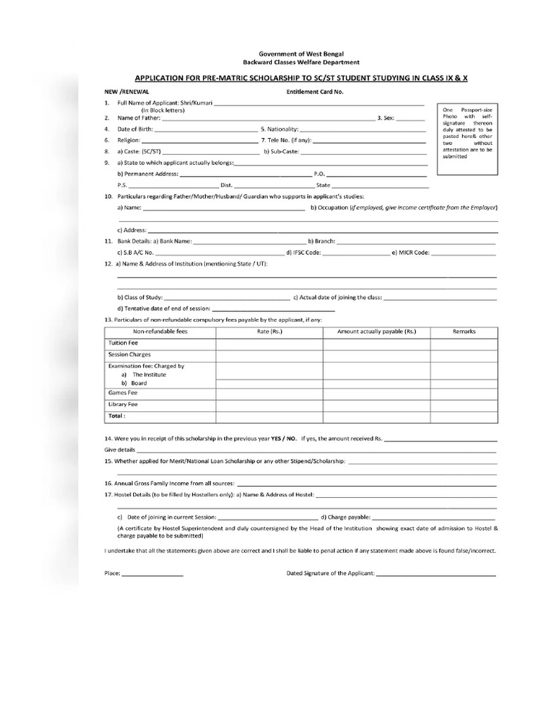 Pre Matric Scholarship Form West Bengal 633 | PDF