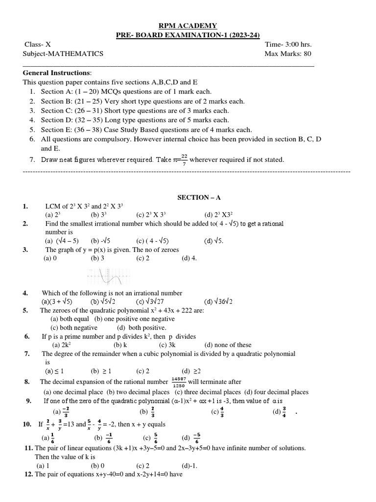 CLASS-X (MATH) Standard Paper Questions | PDF | Teaching Methods & Materials