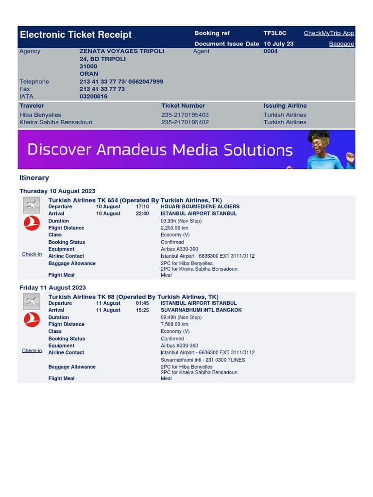 Turkish Airlines E-Ticket Itinerary | PDF | Airlines | Privacy Policy