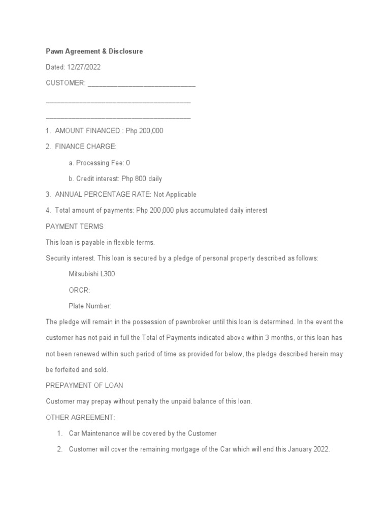 Motorcycle Pawn Agreement Sample | PDF | Law