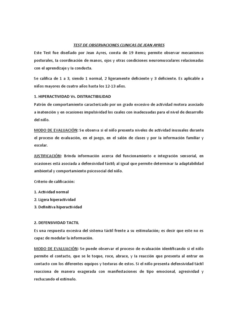 Test de Observaciones Clinicas de Jean Ayres | PDF | Codo | Mano