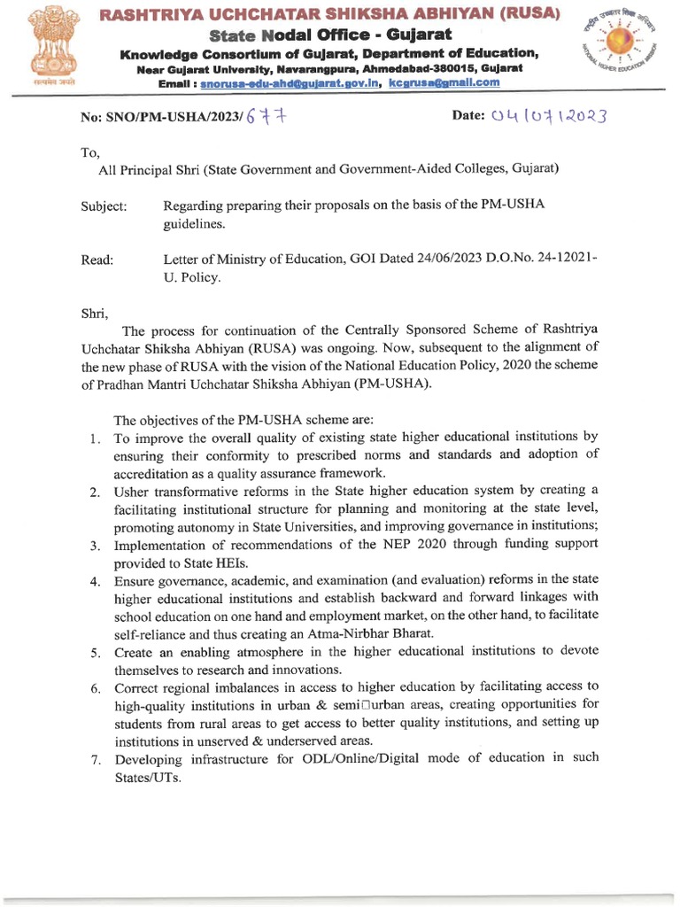 PM-USHA Letter To Colleges | PDF