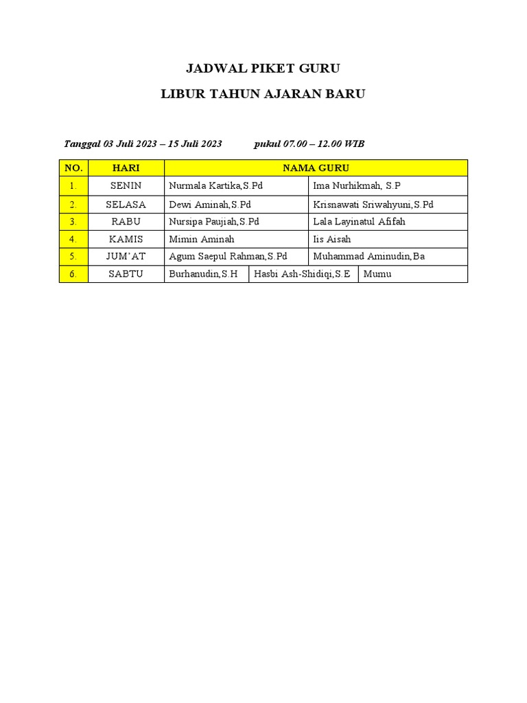Jadwal Piket Guru | PDF