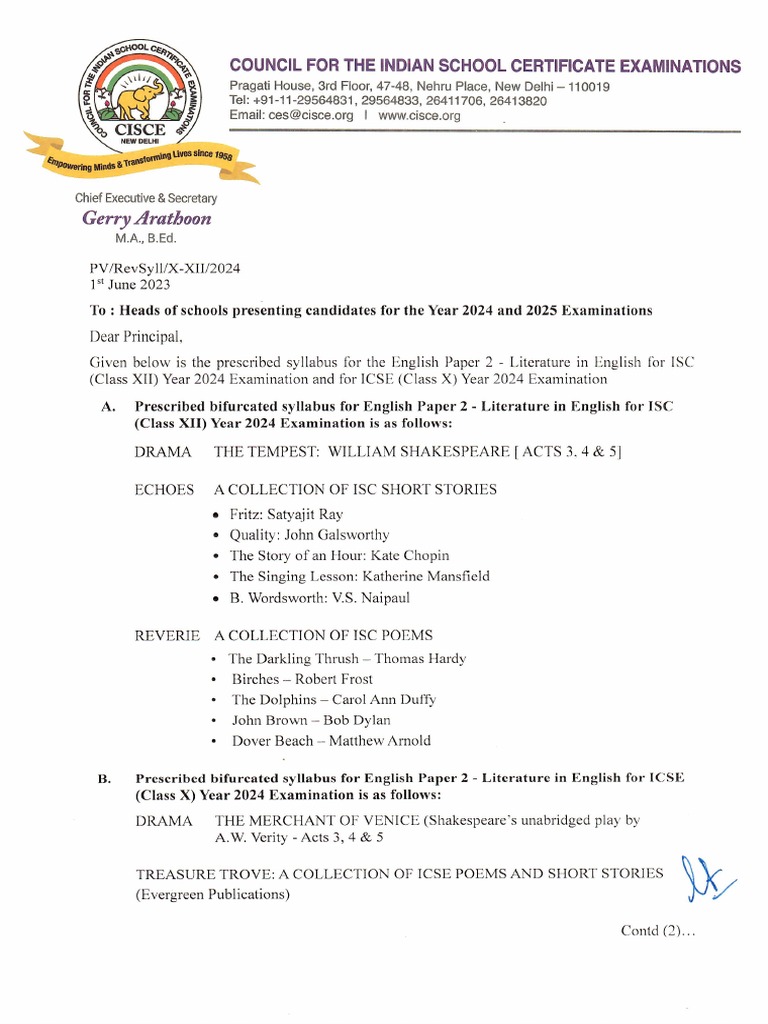 Prescribed Syllabus For English Paper 2 Literature in English For Examination Years 2024 2025 ...