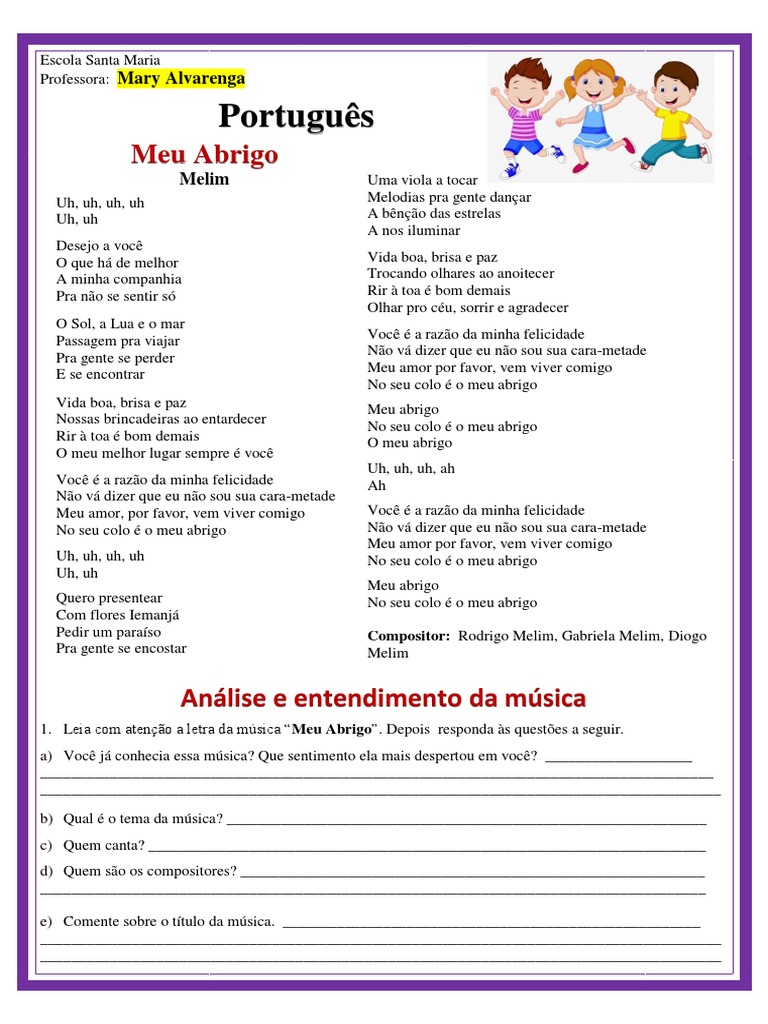 Atividade Sobre A Música Meu Abrigo Melim Download Grátis Pdf Amor