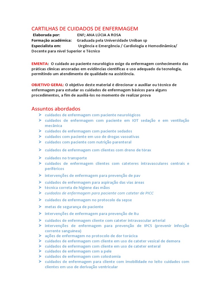 Cartilhas de Cuidados de Enfermage Correta | PDF