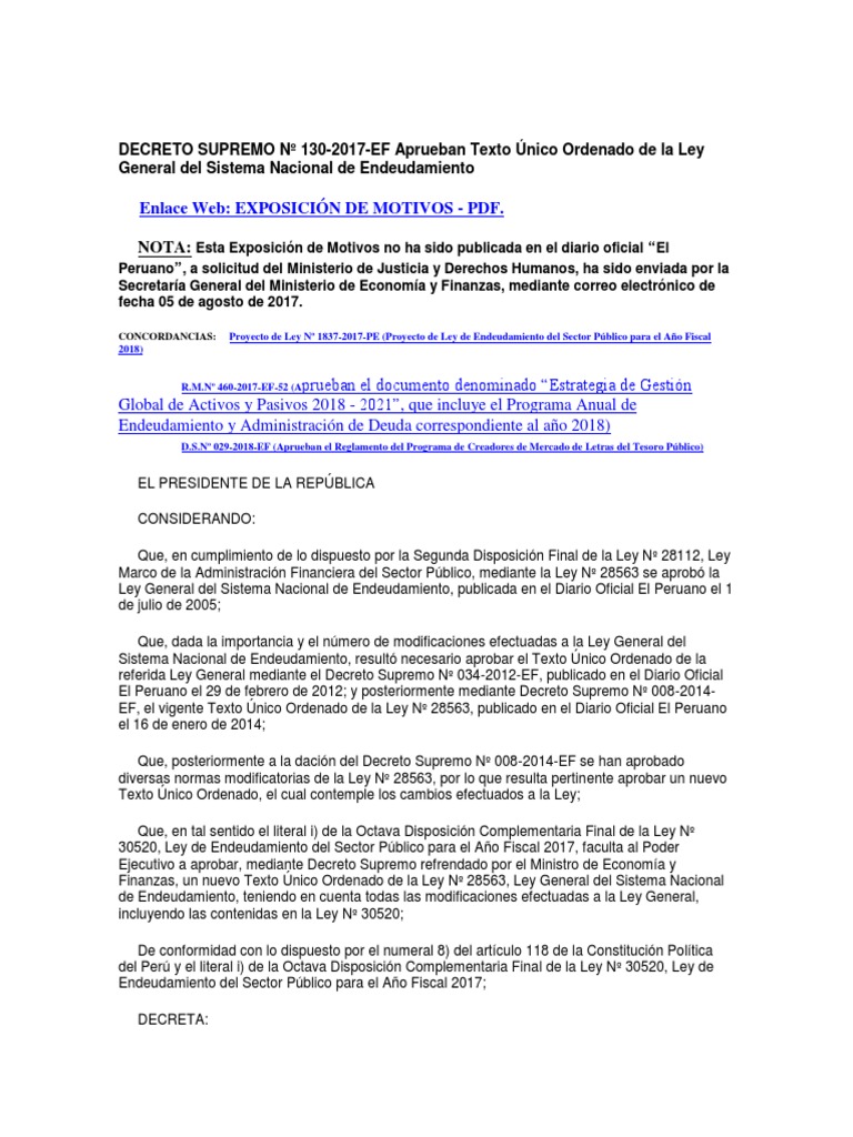 DS 130-2017-EF TUO de La Ley General Del Sistema Nacional de Endeudamiento | Descargar gratis ...
