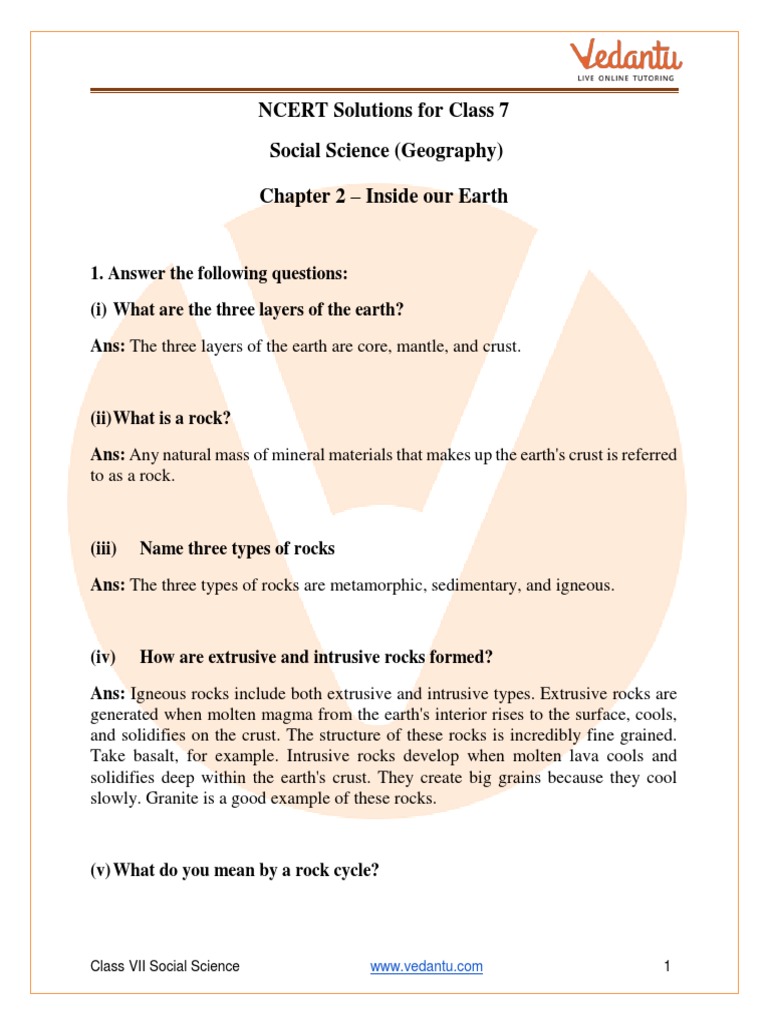 NCERT Solutions For Class 7 Social Chapter 2 - Inside Our Earth - . | PDF | Rock (Geology ...