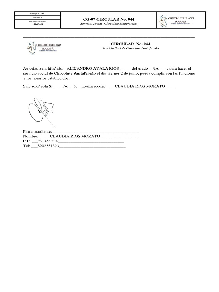 CG-07 - Circular No 044 - Servicio Social-Chocolate Santafereño | PDF | Crecimiento personal y ...