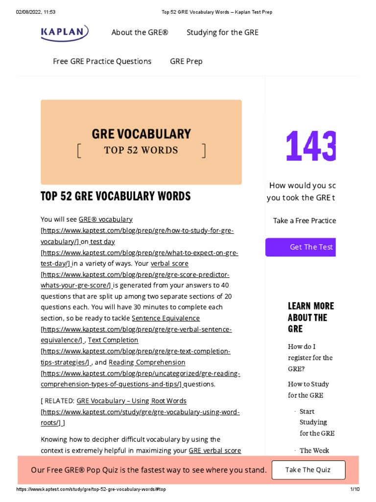 Top 52 GRE Vocabulary Words - Kaplan Test Prep | PDF | Graduate Record ...
