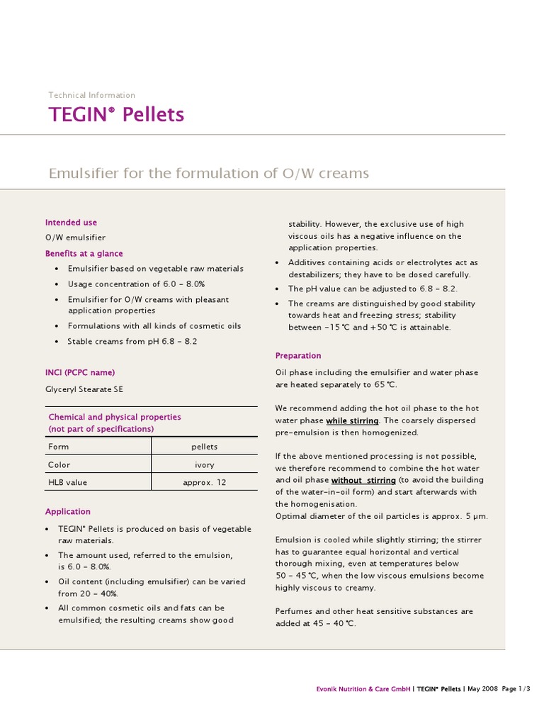 Evonik Tegin Pellets Ep - Tds | Download Free PDF | Emulsion | Chemistry