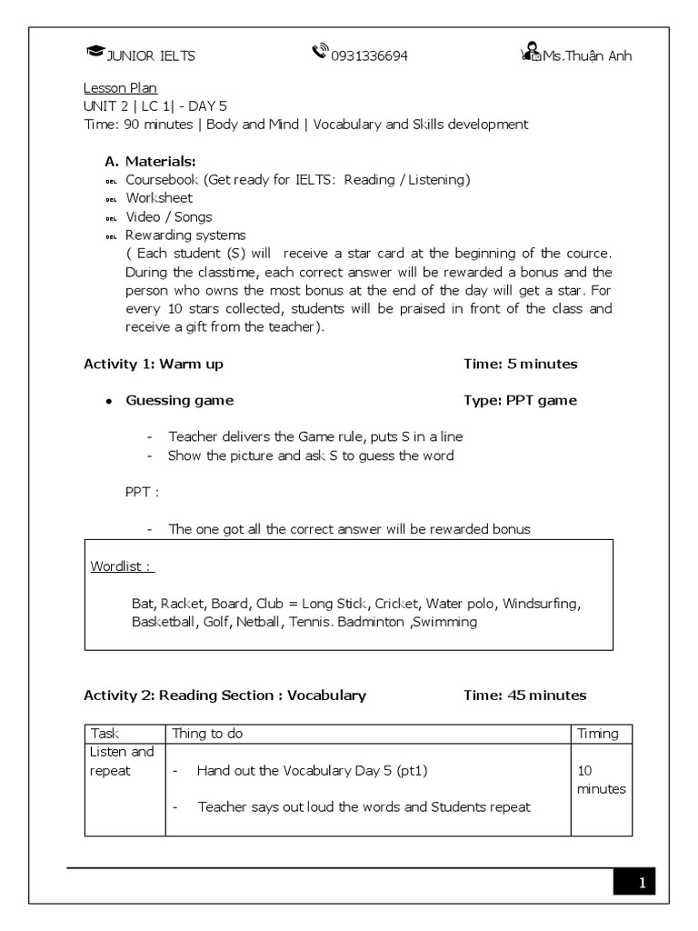 Lesson Plan Day 5 - Junior IELTS | PDF | Career & Growth